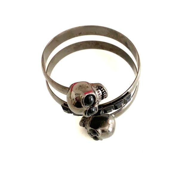 Jewelry | Vintageblack Metal Crystal Double Skull Adjustable Bangle ...